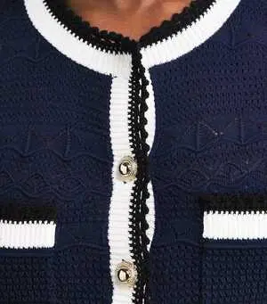 SELF-PORTRAIT Knitted Belted Midi Dress With Contrast Piping And Bow Detail