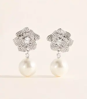 SELF-PORTRAIT Crystal And Faux Pearl Flower Drop Earrings - Silver