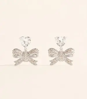 SELF-PORTRAIT Crystal Heart Bow Drop Earrings