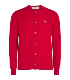 Comme Des Garçons Wool Rhinestone Heart Logo Cardigan - Red