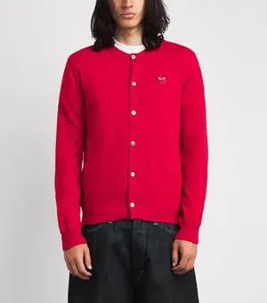 Comme Des Garçons Wool Rhinestone Heart Logo Cardigan - Red