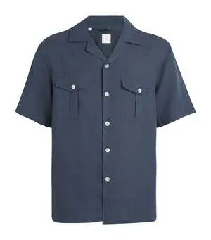 Eleventy Linen Bowling Shirt - Navy
