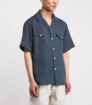 Eleventy Linen Bowling Shirt - Navy