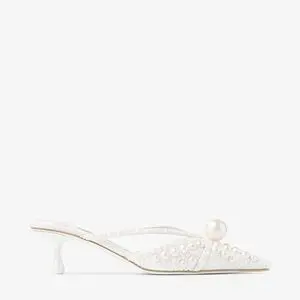 JIMMY CHOO Sana Mule 50 White Satin Mule With Pearl Embellishments White - Neutral