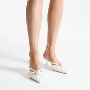 JIMMY CHOO Sana Mule 50 White Satin Pearl Embellished Pointed Toe Mules - Neutral