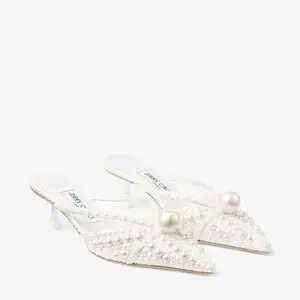 JIMMY CHOO Sana Mule 50 White Satin Pearl Embellished Pointed Toe Mules - Neutral