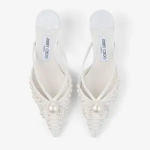 JIMMY CHOO Sana Mule 50 White Satin Pearl Embellished Pointed Toe Mules - Neutral