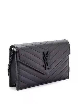 Saint Laurent Classic Monogram Wallet On Chain Matelasse Chevron Leather Small Crossbody Bag - Black