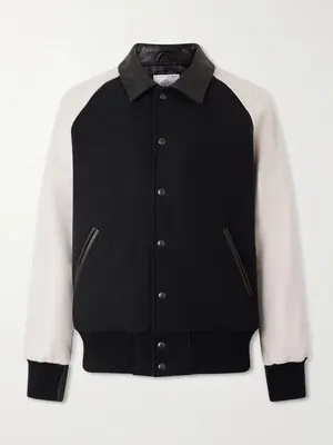 Golden Bear Leather Trimmed Wool-blend Bomber Jacket - Black
