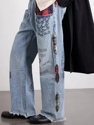 SATOSHI NAKAMOTO Wide-leg Printed Embellished Jeans