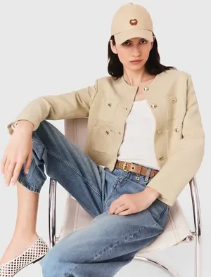 Maje Cropped Tailored Linen-blend Jacket With Gold Buttons