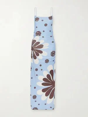 CALA DE LA CRUZ Kim Ruched Printed Metallic Jersey Maxi Dress - Blue