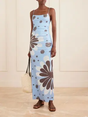 CALA DE LA CRUZ Kim Ruched Metallic Jersey Maxi Dress - Blue
