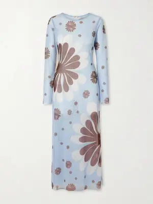 CALA DE LA CRUZ Tania Printed Mesh Midi Dress - Blue