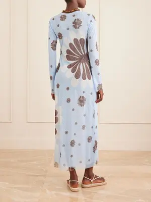 CALA DE LA CRUZ Tania Printed Mesh Midi Dress - Blue
