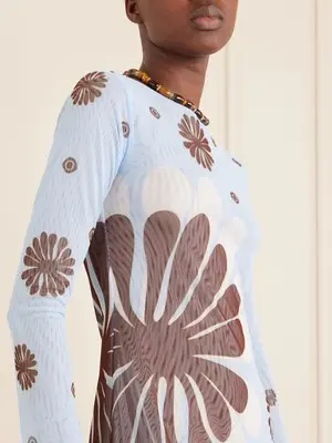 CALA DE LA CRUZ Tania Printed Mesh Midi Dress - Blue