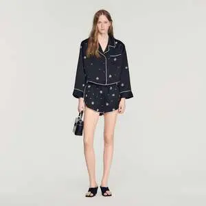 Sandro Beaded And Rhinestone Wide-leg Shorts - Black