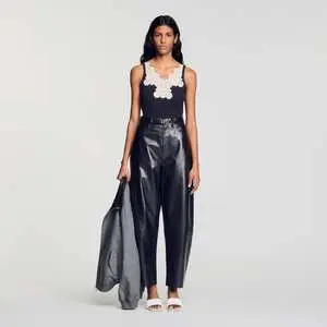 Sandro Ribbed Vest Top With Lace - Black