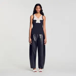 Sandro Ribbed Knit Tank Top With Lace Trim - Black