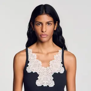 Sandro Ribbed Knit Tank Top With Lace Trim - Black