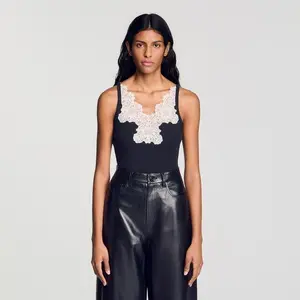 Sandro Ribbed Knit Tank Top With Lace Trim - Black