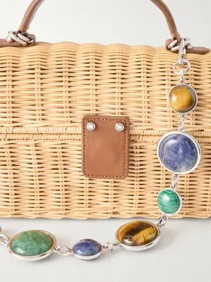 Judith Leiber Isla Raffia Clutch With Leather Trim And Gemstone Chain - Neutrals