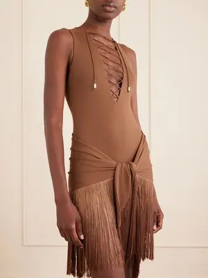 TALLER MARMO Sahara Tie-detailed Stretch-jersey One-piece With Fringed Pareo