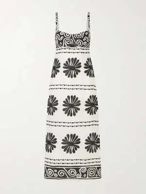 CALA DE LA CRUZ Nara Cutout Printed Linen Midi Dress - Ecru