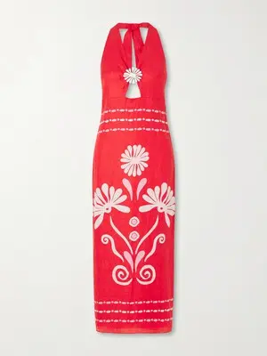 CALA DE LA CRUZ Cala De La Cruz Orly Embellished Cutout Printed Linen Maxi Dress Red