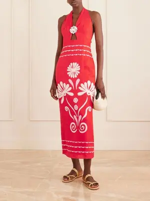CALA DE LA CRUZ Orly Embellished Cutout Printed Linen Maxi Dress - Red