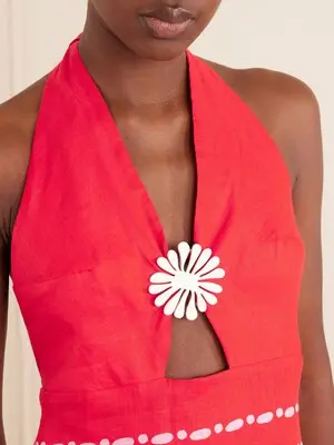 CALA DE LA CRUZ Orly Embellished Cutout Printed Linen Maxi Dress - Red