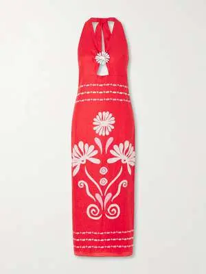 CALA DE LA CRUZ Orly Embellished Cutout Printed Linen Maxi Dress - Tomato Red