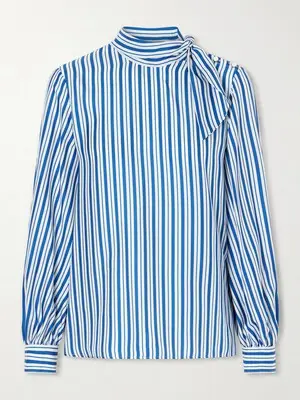 Max Mara Max Mara Striped Silk High Neck Blouse With Puffed Sleeves Blue
