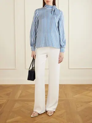 Max Mara Striped Silk High Neck Blouse With Puffed Sleeves - Blue