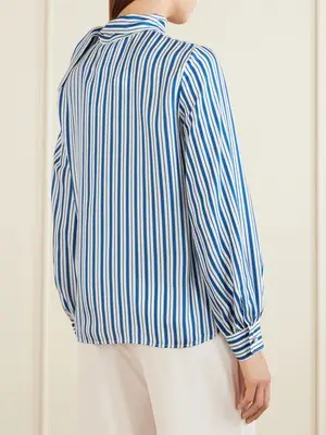 Max Mara Striped Silk High Neck Blouse With Puffed Sleeves - Blue