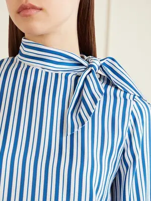 Max Mara Striped Silk High Neck Blouse With Puffed Sleeves - Blue