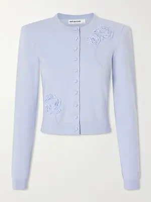 SELF-PORTRAIT Appliquéd Knitted Cardigan - Blue