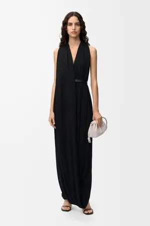 Loewe Draped Viscose Jersey Halterneck Dress With Scarf Ties And Leather Belt