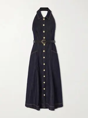 SELF-PORTRAIT Belted Halterneck Denim Midi Dress - Blue