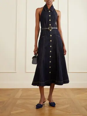 SELF-PORTRAIT Belted Halterneck Denim Midi Dress - Blue