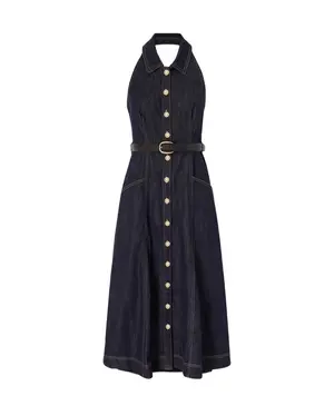 SELF-PORTRAIT Belted Halterneck Denim Midi Dress - Blue