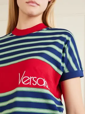 Versace Logo Embroidered Striped Cotton T-shirt - Green