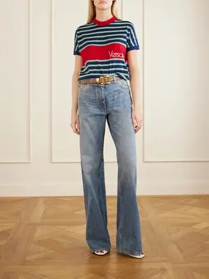 Versace Logo Embroidered Striped Cotton T-shirt - Green