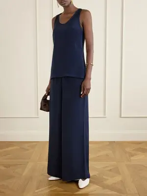 Max Mara Logo-embroidered Silk Wide-leg Pants - Blue