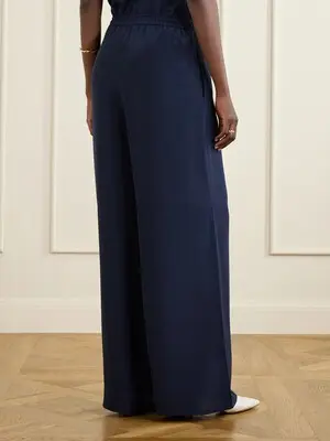Max Mara Silk Wide-leg Pants With Embroidered Logo - Blue