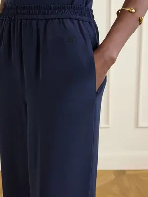 Max Mara Silk Wide-leg Pants With Embroidered Logo - Blue