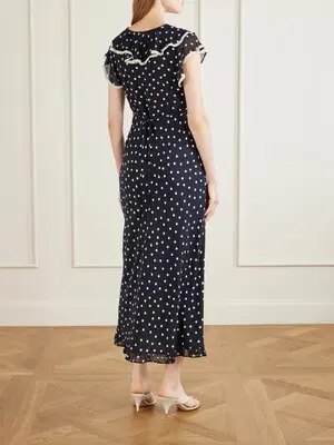 Rixo Bethea Polka Dot Crochet Trim Crepe Midi Dress - Blue