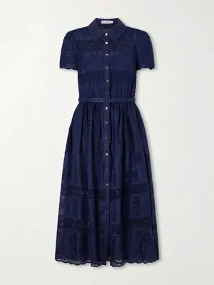 SELF-PORTRAIT Belted Embroidered Lace-trimmed Ramie Midi Dress - Blue