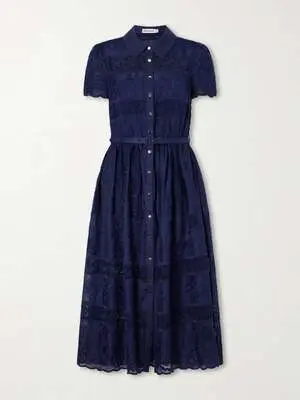 SELF-PORTRAIT Belted Embroidered Lace-trimmed Ramie Midi Dress - Navy