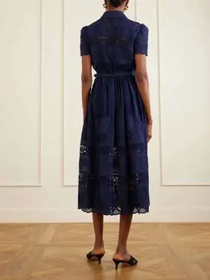 SELF-PORTRAIT Belted Embroidered Lace-trimmed Ramie Midi Dress